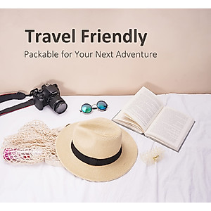 Joywant Abby Straw Sun Hat for Women with UV Protection Wide Brim Wind Lanyard,Travel Foldable Summer Beach Hat Panama Fedora-Beige