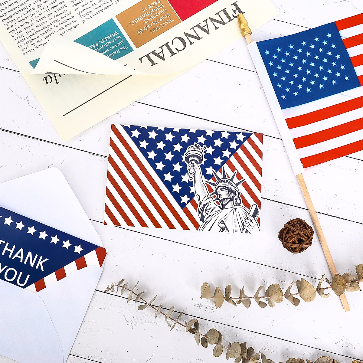 AnyDesign 32 Pack Patriotic Thank You Cards with Envelopes Stickers American Flag Greeting Cards 4th of July USA Note Cards for Party Essentials Independence Day and All Occasions
