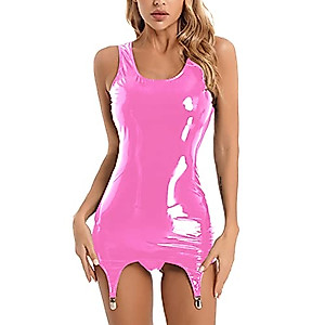 YiZYiF Women's Wetlook Sexy U Neck Sleeveless Bodycon Latex Short Mini Dress with Garter Belt Hot Pink Small
