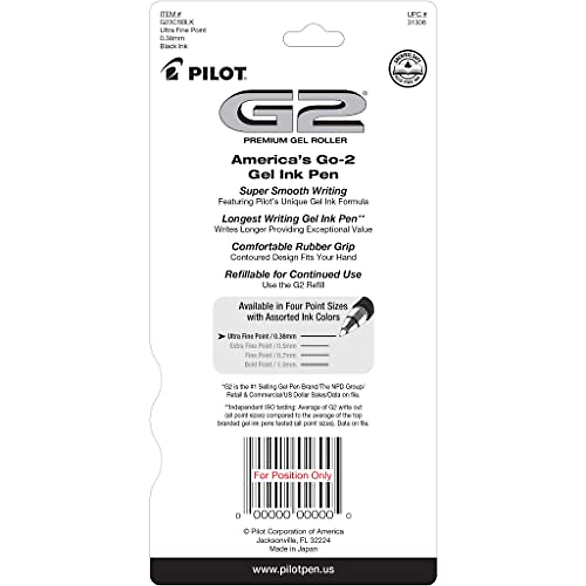 Pilot, G2 Premium Gel Roller Pens, Ultra Fine Point 0.38 mm, Pack of 5, Black