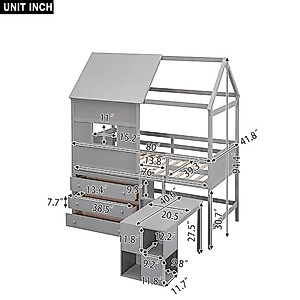 Twin Size House Loft Bed with Storage Desk and 3 Drawer Chest, Wood Loft Bed with Safety Guard Rails, Multi-Functional Loft Bed for Kids Boys Girls Teens Bedroom, Maximize Space Savings (Gray 014)