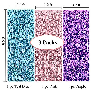 Wavy Tinsel Foil Fringe Curtains 3 Pack Photo Backdrop for Mermaid Birthday Party Decorations(3.2 ft x 6.6 ft,Teal Blue,Pink,Purple)