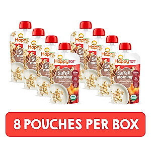 Happy Tot Organics Stage 4 Baby Food Pouches, Gluten Free, Super Morning Fruit & Oat Blend, Apple, Cinnamon, Yogurt, Oats & Chia, 4 Oz (Pack of 8)