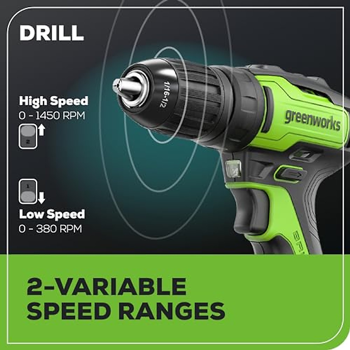 Greenworks 24V Brushless Cordless Drill Kit, 310 in./lbs, 18+1 Position Clutch, 1/2 '' Keyless Chuck, Variable Speed, (2)2Ah Batteries with 2A Charger, LED Light, 8pcs Drill Bits with Tool Bag