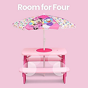 Delta Children 4 Seat Activity Picnic Table with Umbrella and Lego Compatible Tabletop, Minnie Mouse, 32.5 in x 34.25 in x 53.5 in