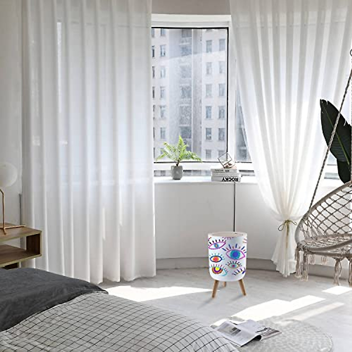 Small Trash Can with Lid Bright seamless with colorful eyes Texture for teenager girls Womens Garbage Bin Wood Waste Bin Press Cover Round Wastebasket for Bathroom Bedroom Kitchen 7L/1.8 Gallon