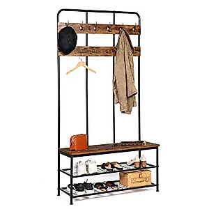 HOOBRO Hall Tree with Bench, Entryway Bench with Coat Rack, Mud Room Bench with 12 Double Hooks and Storage Bench, Coat Tree, Shoe Rack Organizer, for Foyer, Front Door, Rustic Brown BF05MT01