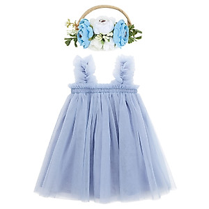 Durio Tutu Dresses for Toddler Girls Birthday Outfit Girl Baby Girl Tulle Dress Infant Dress with Flower Headband Dusty Blue 6-9 Months