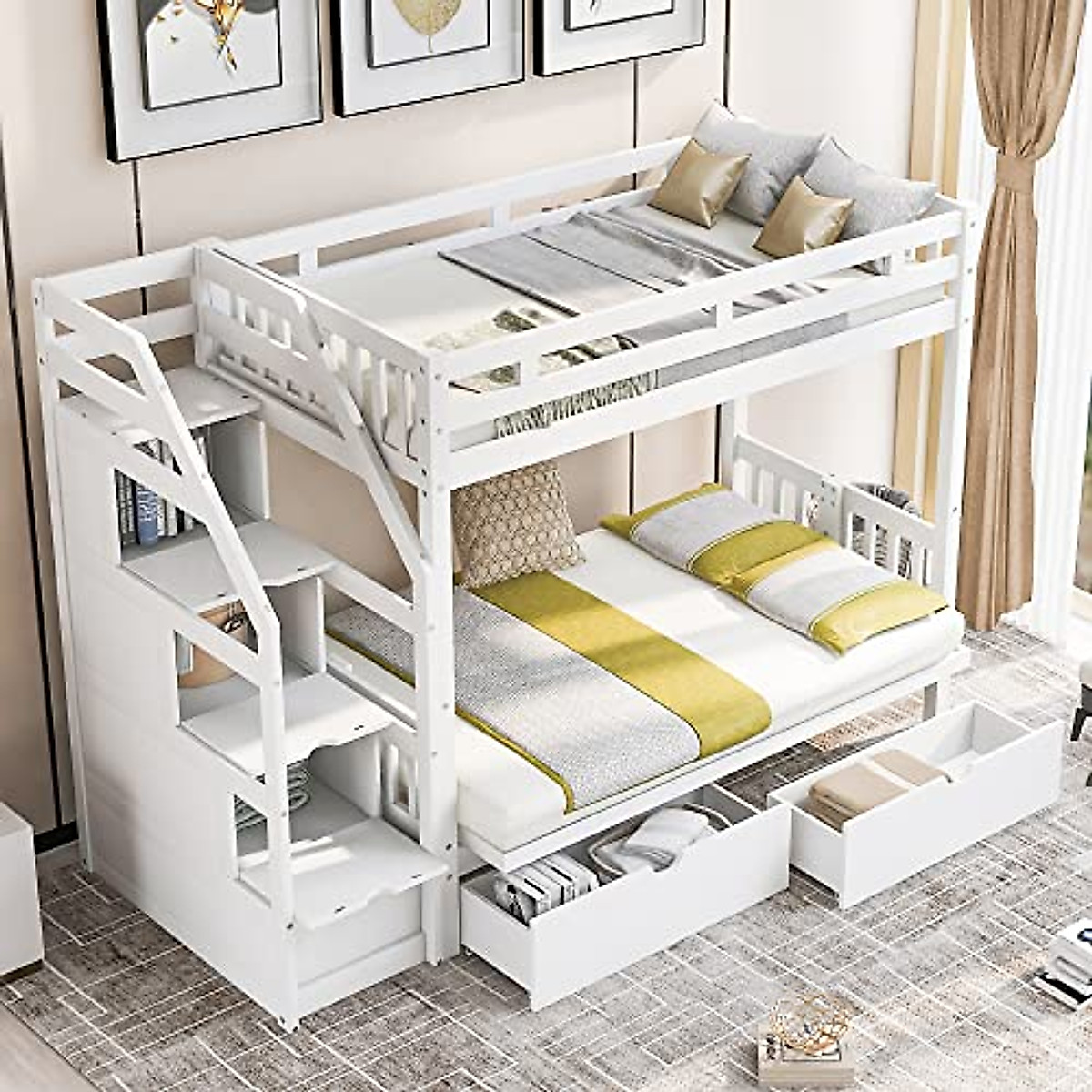 Twin Over Full Futon Bunk Beds with Stairs and Storage Drawers Convertible Wood Bunk Bed Frame Couch and Bed for Kids Boys Girl Adults Teens Dorm, White