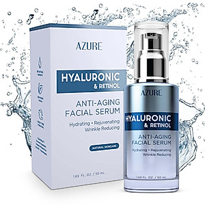 Azure Cosmetics Dermatologist Tested Hyaluronic & Retinol Face Serum - K Beauty Anti-Aging Formula for Dark Spots & Wrinkle Care - Korean Skincare, Moisturizing Complex for Glowing Skin - 1.69 fl oz