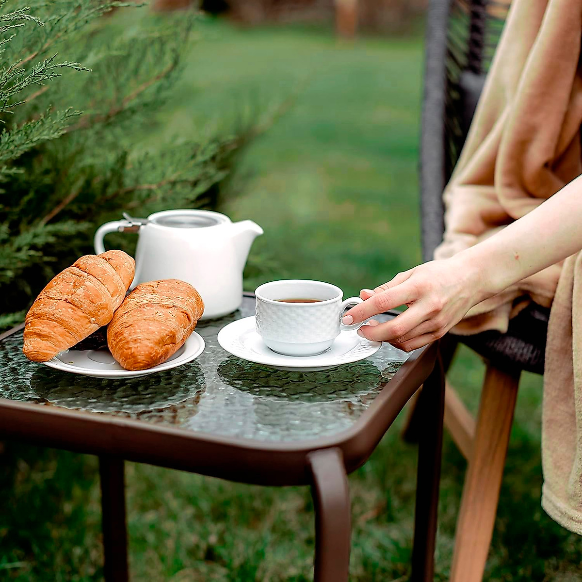 PROLISOK Bronze Metal Outdoor Side Table with Tempered Glass Top – Elegant Small 16" Square Patio Table – Durable Weather-Resistant Coffee Bistro Accent End Table for Outside and Garden