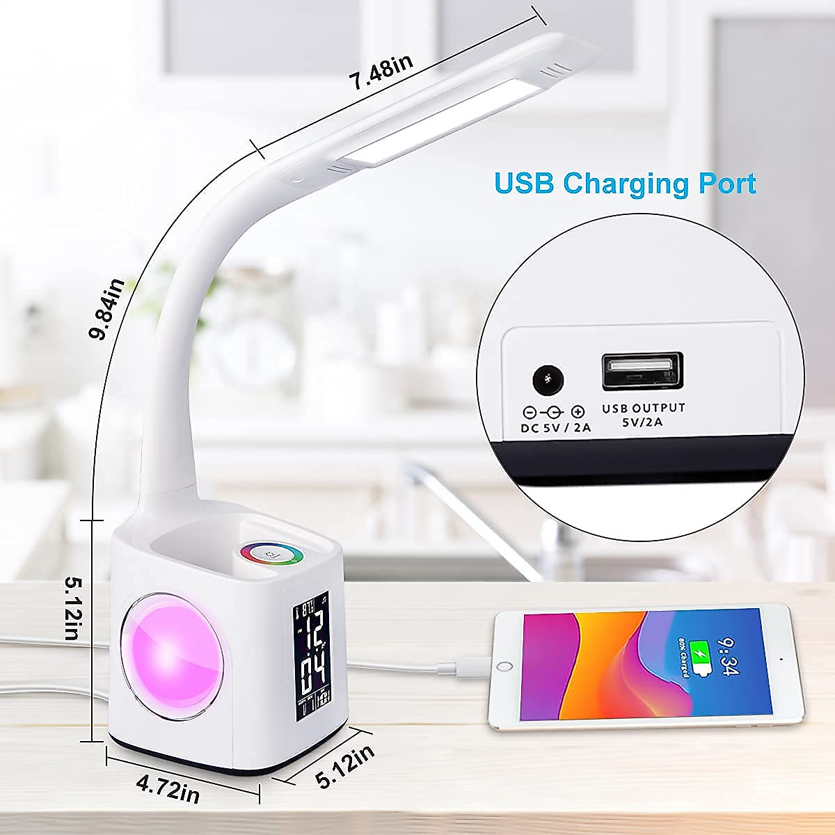 Study LED Desk Lamp with USB Charging Port, Kids Dimmable LED Table Lamp with Clock and Pen Holder, Home Office, College Student Dormitory, Reading Eye Protection Desk Lamp, Color Night Light,10W