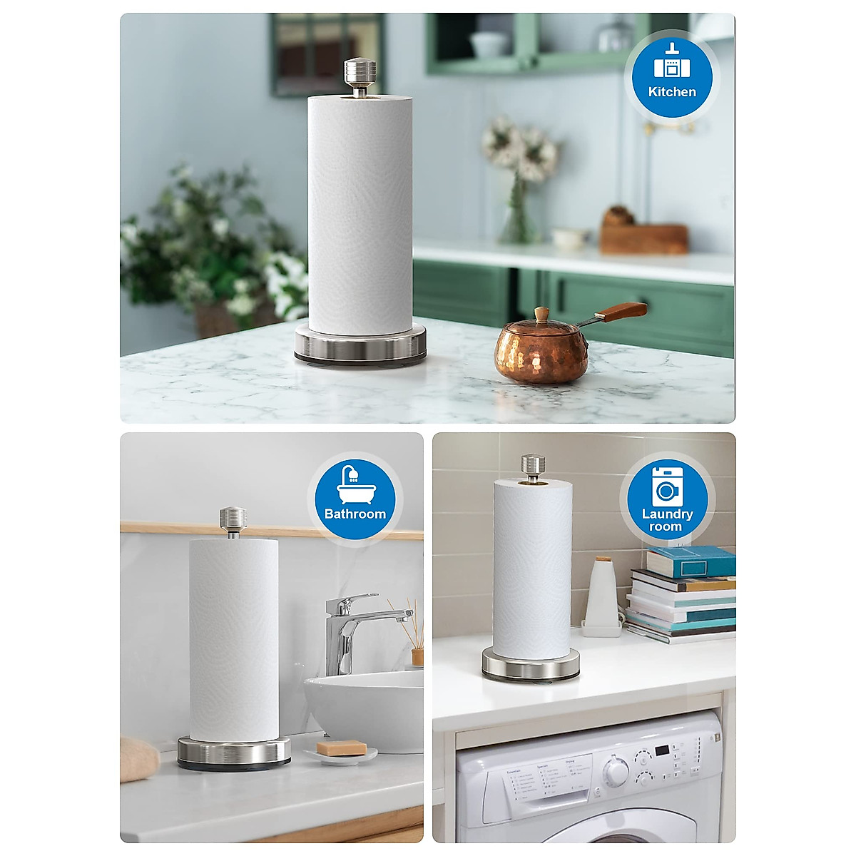 SMARTAKE Standing Paper Towel Holder, Damping Ratchet Design Paper Towel Organizer, Rustproof Toilet Paper Holder with Suction Cups, Roll Dispenser for Kitchen Countertop Home Dining Table, Silver