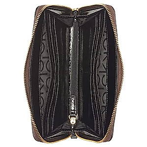 Calvin Klein Key Item Saffiano Continental Zip Around Wallet with Wristlet Strap, Brown/Khaki/Black Logo