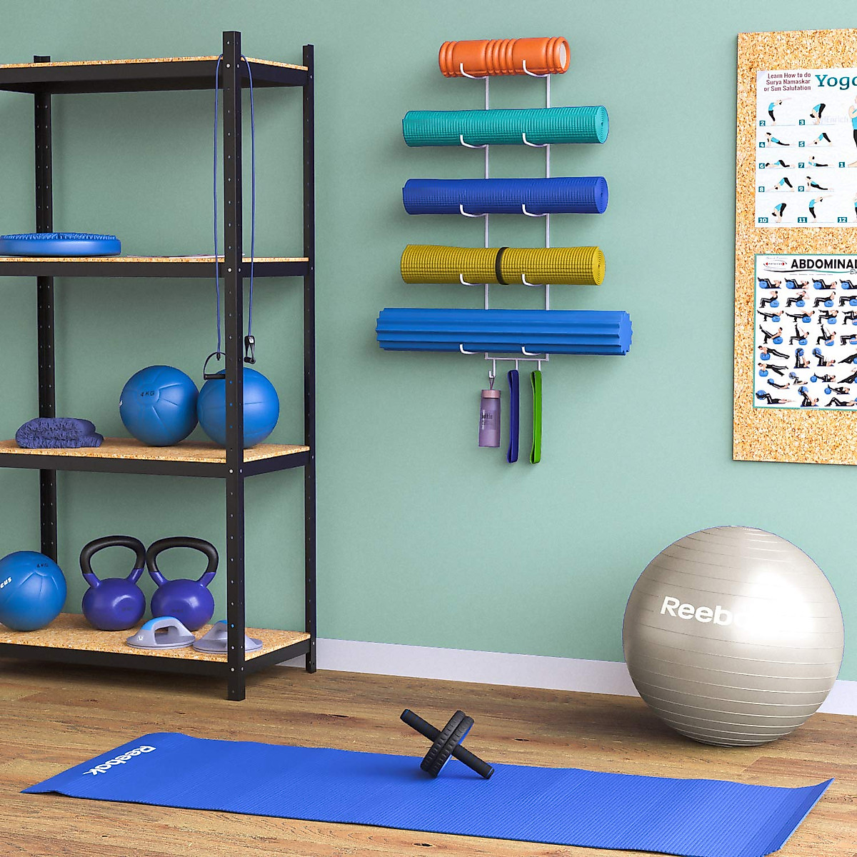 Wallniture Guru Foam Roller & Yoga Mat Holder Wall Mount with 3 Hooks for Hanging Yoga Strap, Resistance Bands, 5-Sectional Metal (White)