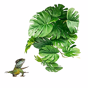 WishLotus Reptile Plants, Plastic Simulation Leaf with Sucker Fish Tank Decoration(25cm), Artificial Green Plant Fake Hanging Leaves Durable Aquarium Decor Ornaments (Dark Green)