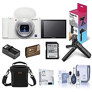 Sony ZV-1 Compact 4K HD Digital Camera, White Bundle Shooting Grip/Tripod, 64GB UHS-II SD Card, Shoulder Bag, Extra Battery, Smart Charger and Accessories