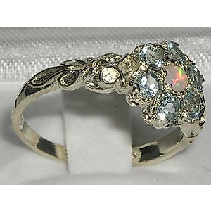 925 Sterling Silver Real Genuine Opal and Aquamarine Womens Anniversary Ring - Size 8