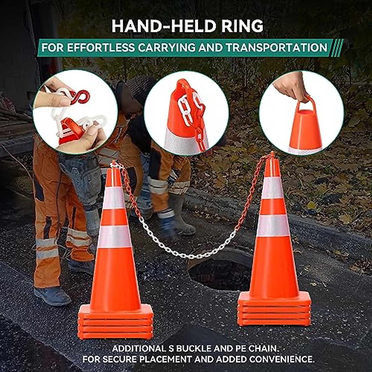 YITAHOME Traffic Cones 28 Inch (12 Pack), with 36FT Chain and Reflective Collars, PVC Orange Construction Cones, Safety Cones for Parking Lot, Home Road