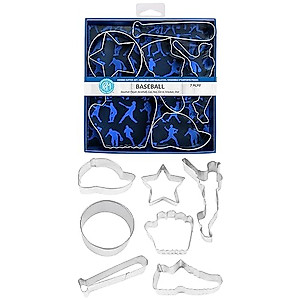 R&M International Baseball Cookie Cutters, Bat, Hat, Ball, Player, Glove, Star, Sneaker, 7-Piece Set,Silver