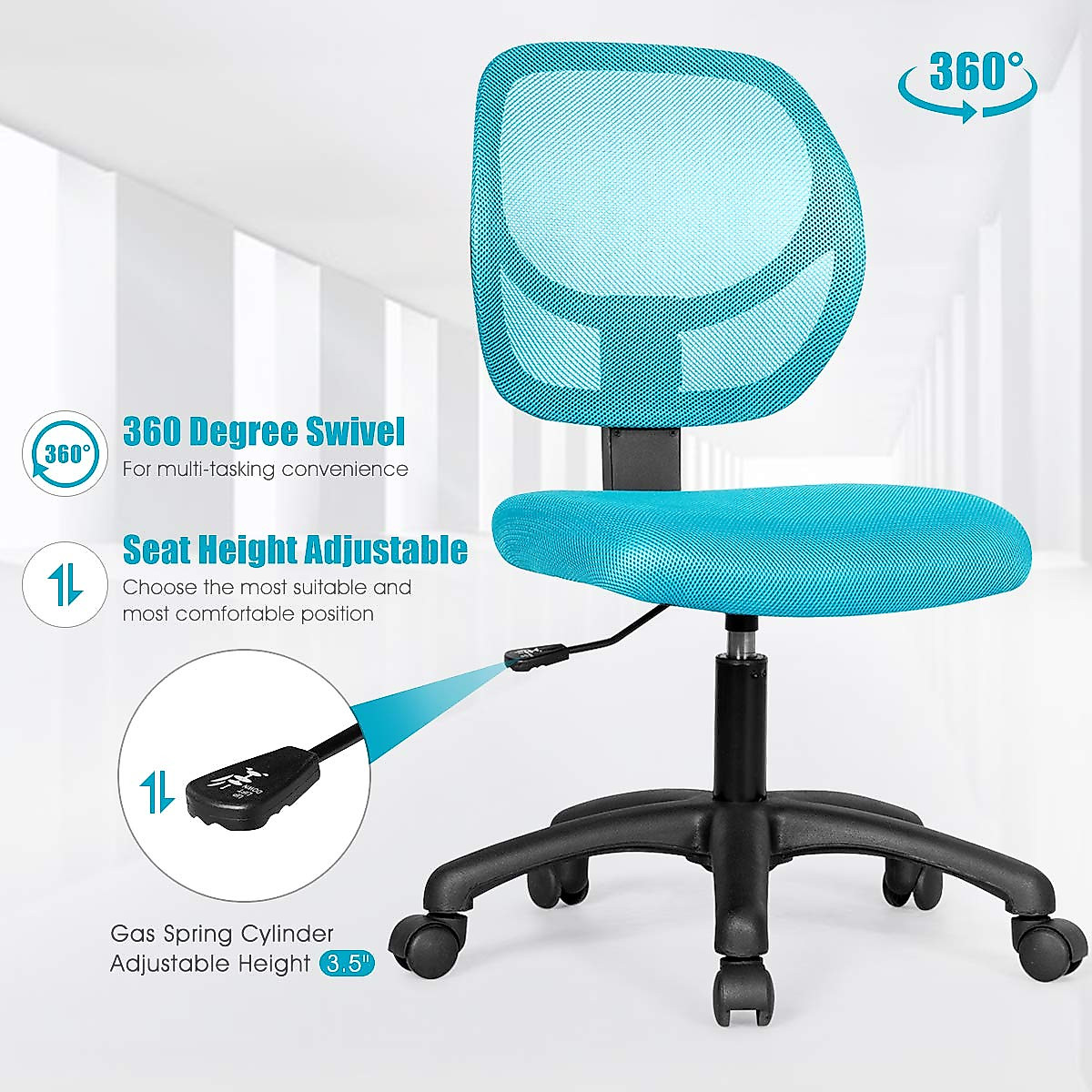 COSTWAY Kids Desk Chair, Low-Back Children Study Chair with Height Adjustable Seat & Lumbar Support, Cute Mesh Swivel Computer Task Chair for Boys Girls Teens (Green)