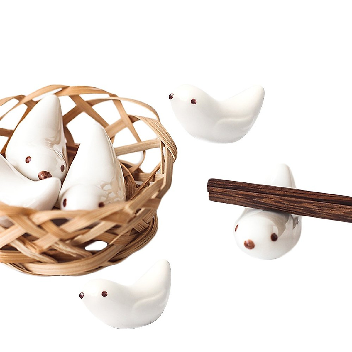 WAIT FLY Cute White Birds Shape Chopsticks Rest Set with Basket Spoon Stand for Knife Fork Holder, 3pcs/ 6pcs (6 Birds+Basket)