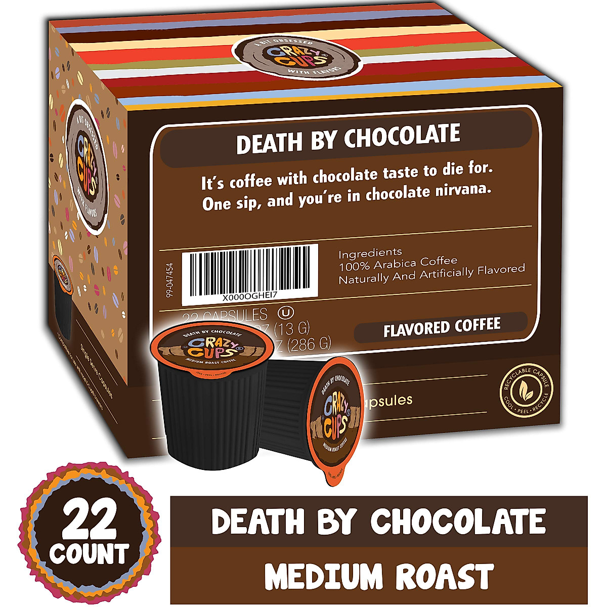 Crazy Cups Flavored Coffee for Keurig K-Cup Machines, Death by Chocolate, Hot or Iced Coffee, 22 Single Serve, Recyclable Pods