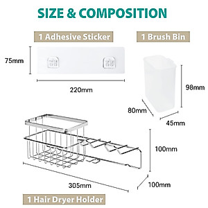 Bath Beyond Hair Dryer Holder Brush Holder Wall Mount Bathroom Adhesives Wall Mount Stainless Steel Blow Dryer Holder Hair Tool Organizer Storage Basket for Hair Dryer (Strong Sticky Pad)