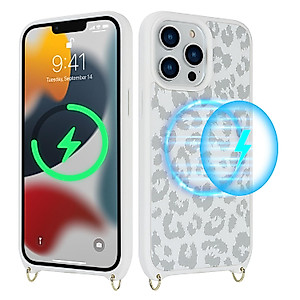 Cavor for iPhone 13 Pro Max Case,Compatible with Magsafe for Women,Crossbody Cases for iPhone 13 Pro Max with Strap Wireless Charging,Leopard Grain Full Body Shockproof Protective Case,White