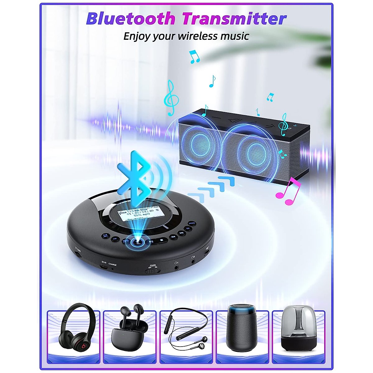 CD Player Portable ARAFUNA, Portable CD Player Bluetooth with FM Radio, 2000mAh Rechargeable CD Player for Car with LCD Screen, Anti Shock Protection Walkman CD Player with Headphone, AUX Cable