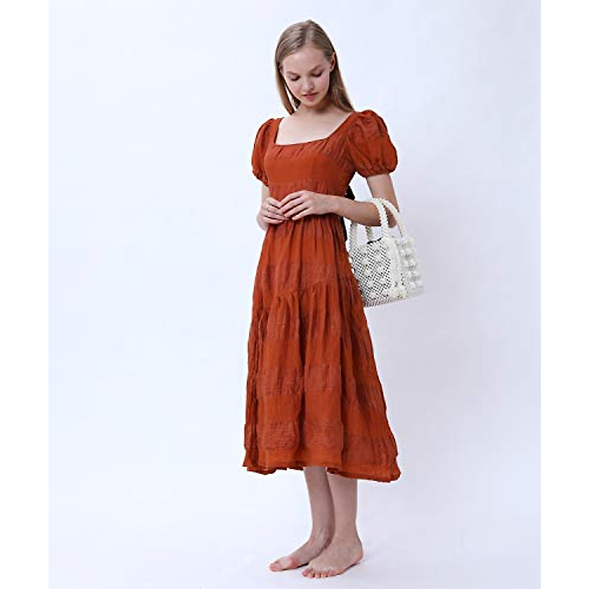 Miuco Womens Beaded Handbags Handmade Weave Crystal Pearl Tote Bags Cream