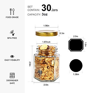 BIGIVACA 3 oz Hexagon Glass Jars with Golden Lids.Set of 30 Pack 90 ml Canning Jars Containers for Spice Jam,Jelly, Wedding Favors, Honey And More.Include 1 Chalk Pen and 80 Labels.