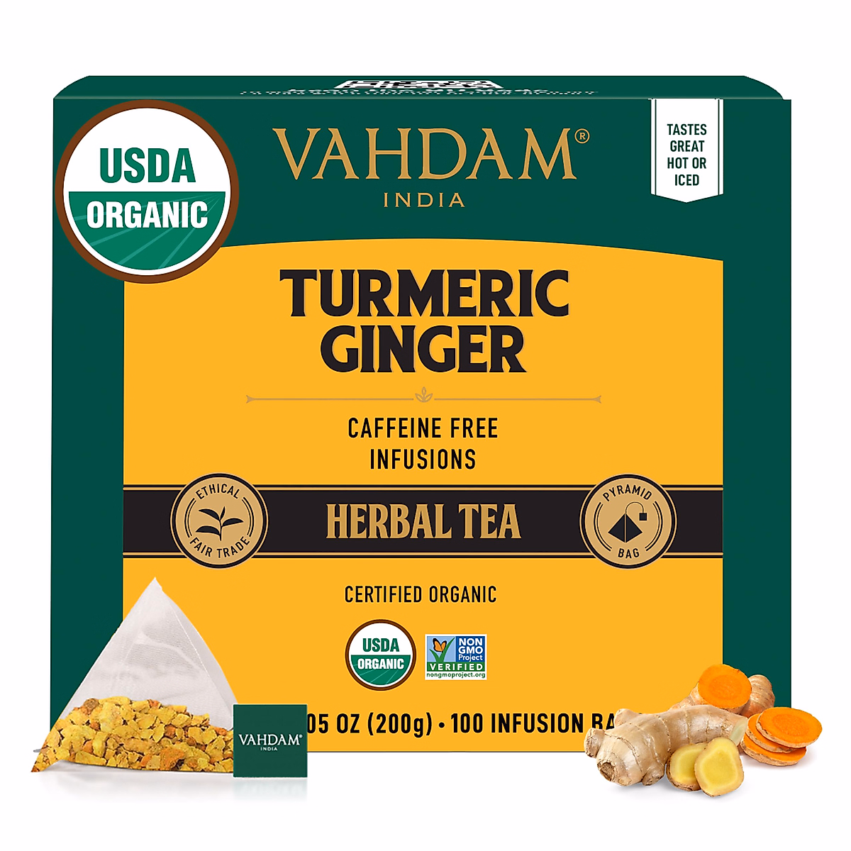 VAHDAM, Organic Turmeric Ginger Herbal Tea (100 Pyramid Tea Bags) Caffeine Free, Superfood w/USDA Organic Turmeric & Ginger | Herbal Tea Bags, Packed in Resealable Ziplock Pouch