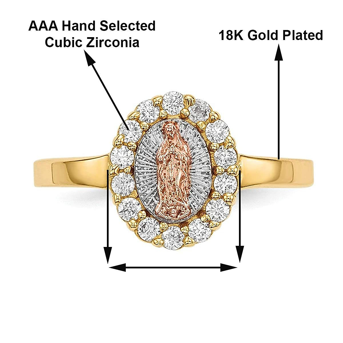 Savlano 18K Gold Plated White Yellow & Rose Three Color Lady of Guadalupe Virgin Mary With Round Cut Cubic Zirconia Women's Religious Ring (6)
