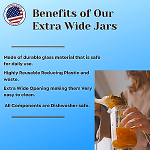 Mason Jars 32 oz Jars with Extra Wide Mouth Lids - Set of 2 Glass Storage Jars With Lids, BPA Free and Food Safe, Yogurt Jars With Lids, (2 Black Dome Plastic Lids)