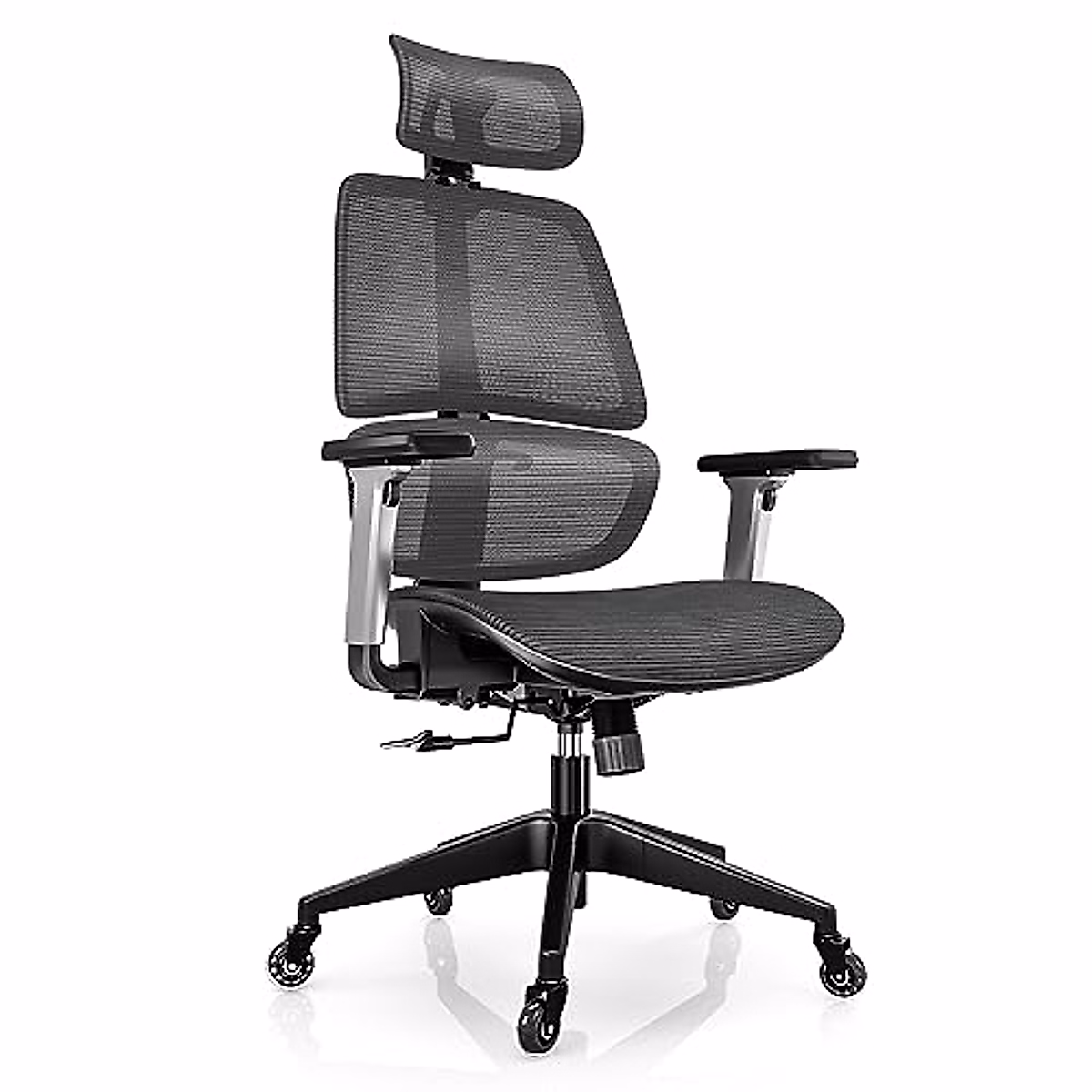 LINSY HOME High-Back Office Chair, Swivel Ergonomic Task Chair with Adjustable Headrest and Arms, Lumbar Support and PU Wheels, Computer Mesh Chair for Home Office, Dark Grey
