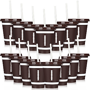 Domensi 20 Pieces Plastic Cups with Lid and Straw Reusable Tumbler Party Plastic Cups 16 oz Party Supplies Party Favors for Game Sport Birthday Party (Football)