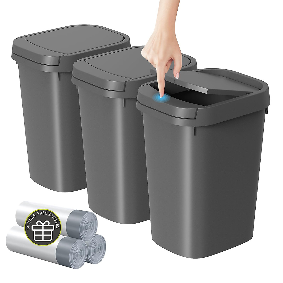 KSSKSS 3 Pack Bathroom Small Trash Can with Lid, 2.6 Gallon Slim Garbage Bin with Pop-Up Lid, 10L Plastic Wastebasket with Press Top Lid for Bedroom, Office, Kitchen, Toilet (Gray)