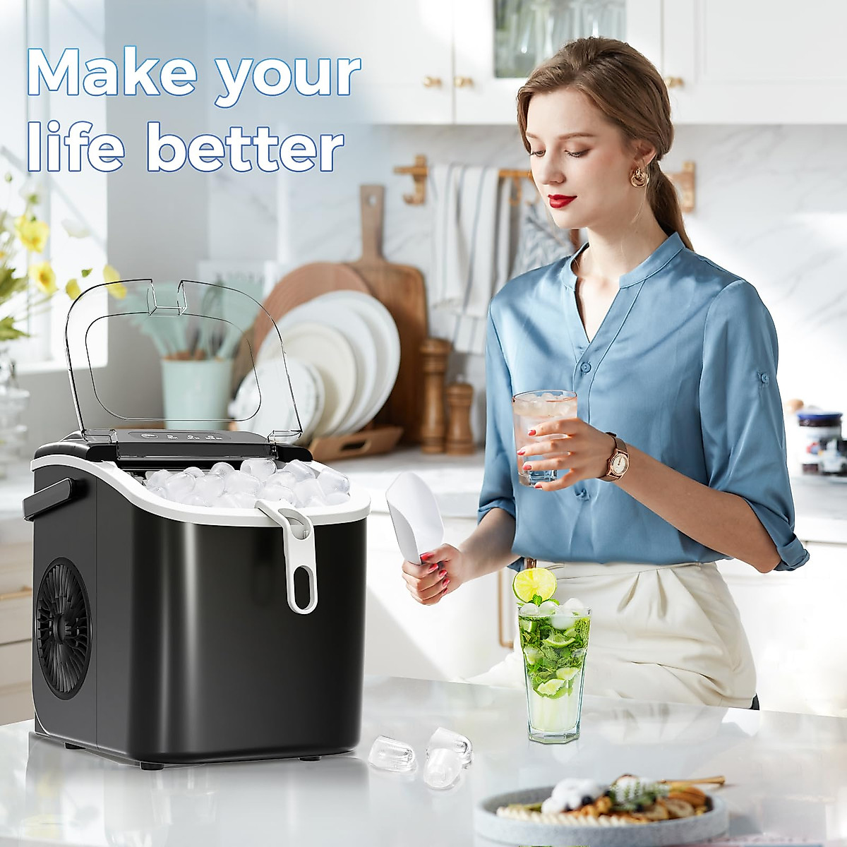 Ice Maker Countertop Self-Cleaning Portable Compact Small Mini Ice Machine with Handle,9 Bullet Ice Cubes in 6 Mins,26Lbs/24H, Bullet Ice Maker with Scoop and Basket for Home Indoor Outdoor Camping