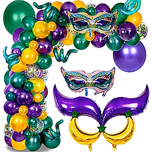 114 PCS Mardi Gras Balloons Party Decoration Large Sized Mardi Gras Mask Foil Balloons Moon Star Foil Balloons for Mardi Gras Birthday Baby Shower Masquerade New Orleans Party