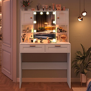 usikey Vanity Desk with Mirror and Lights, Makeup Vanity Table with 2 Drawers, 2 Cabinets & 2 Shelves, Vanity Desk, Vanity Table for Girls Women, Bedroom, White
