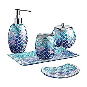 Bathroom Accessory Set | 5-Piece Decorative Glass Bathroom Soap Dispenser Set | Soap Dispenser, Tray, Jar, Toothbrush Holder | Elegant Blue Mosaic Glass Mermaid Bathroom
