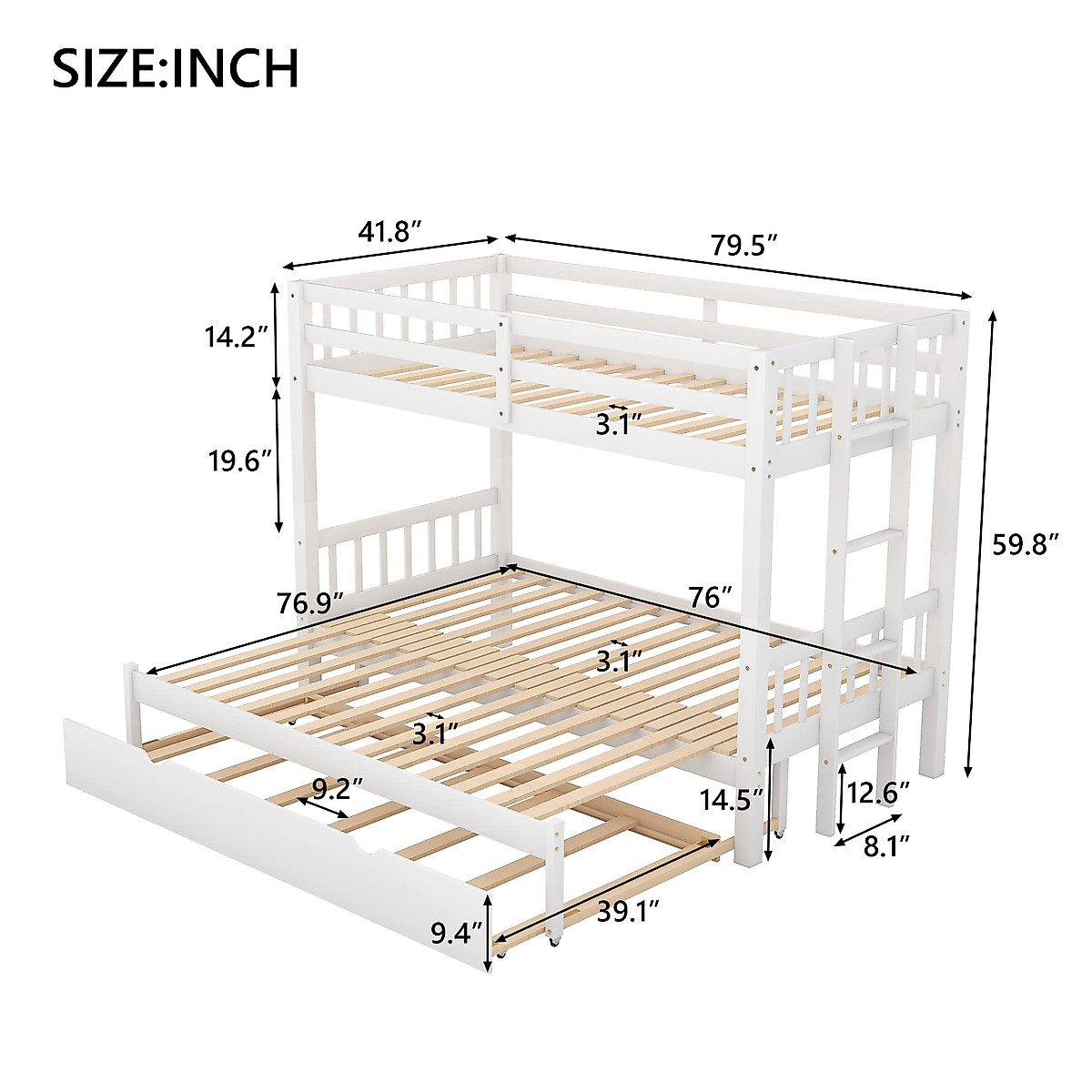BOVZA Twin Over Twin/King Pull-Out Bunk Bed with Trundle, Extendable Bunk Beds for Kids, Teens, Adults, White