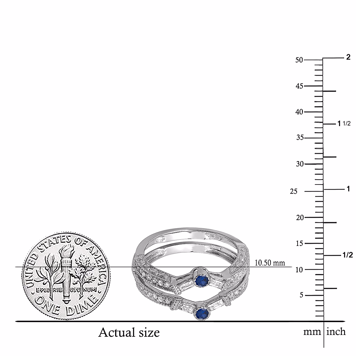 Dazzlingrock Collection 18K Round & Baguette White Diamond & Blue Sapphire Wedding Enhancer Guard Band, White Gold, Size 7