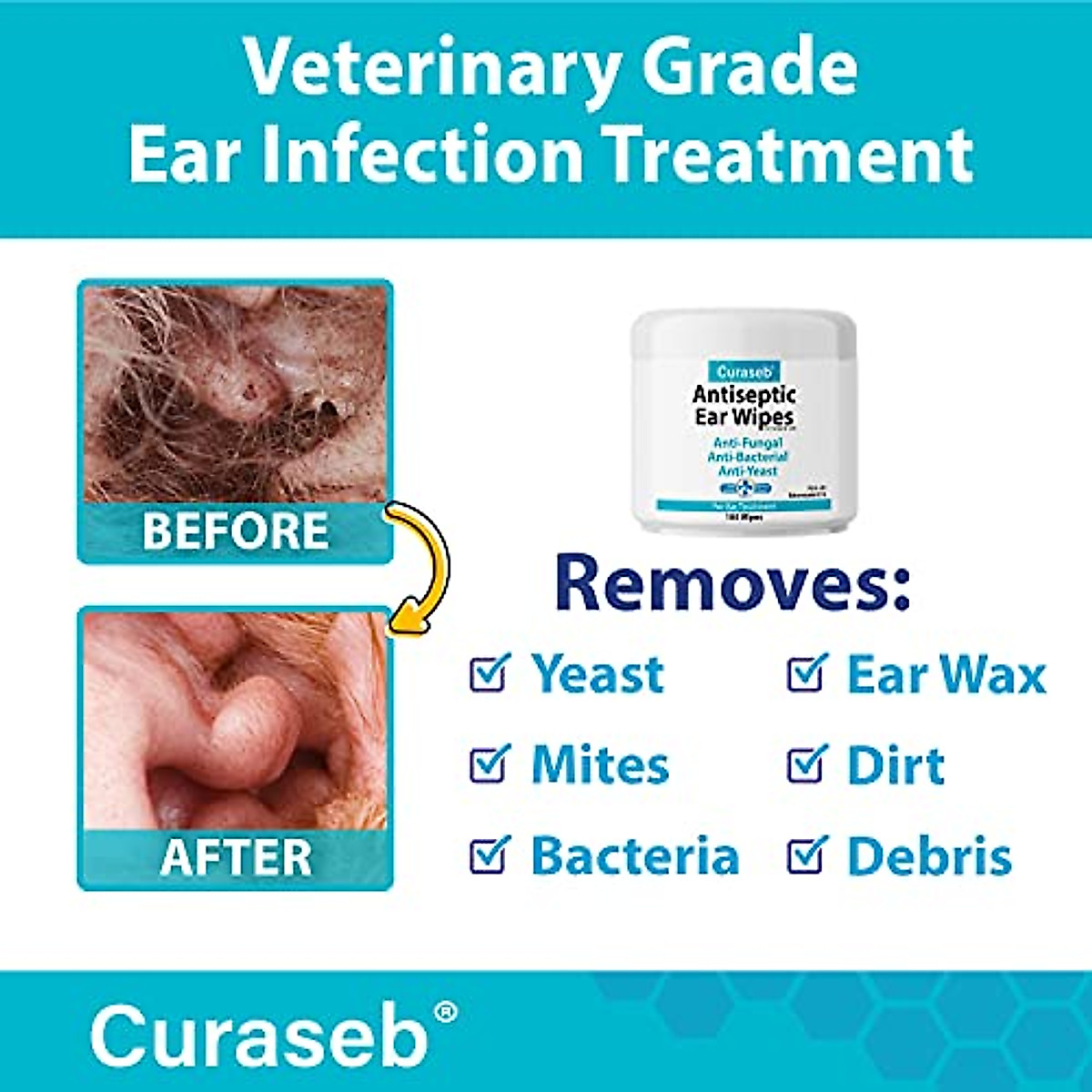Curaseb Cat & Dog Ear Infection Treatment Wipes – Treats Infected Ears, Inflammation & Itchiness – Cleans & Deodorizes – 100 Wipes