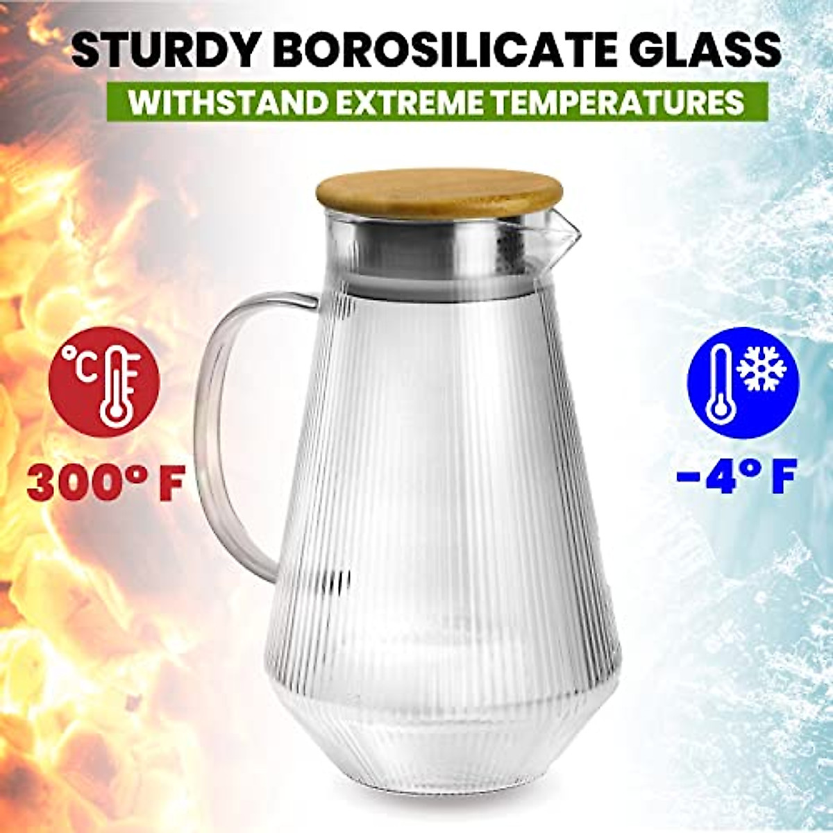 Richro Glass Pitcher with Lid - Elegant Glass Water Carafe with Lid - Durable & Sturdy Glass Water Pitcher - 55 Oz Heat Resistant Glass Carafe for Hot/Cold Beverages, Coffee,Juice, Iced Tea Pitcher,