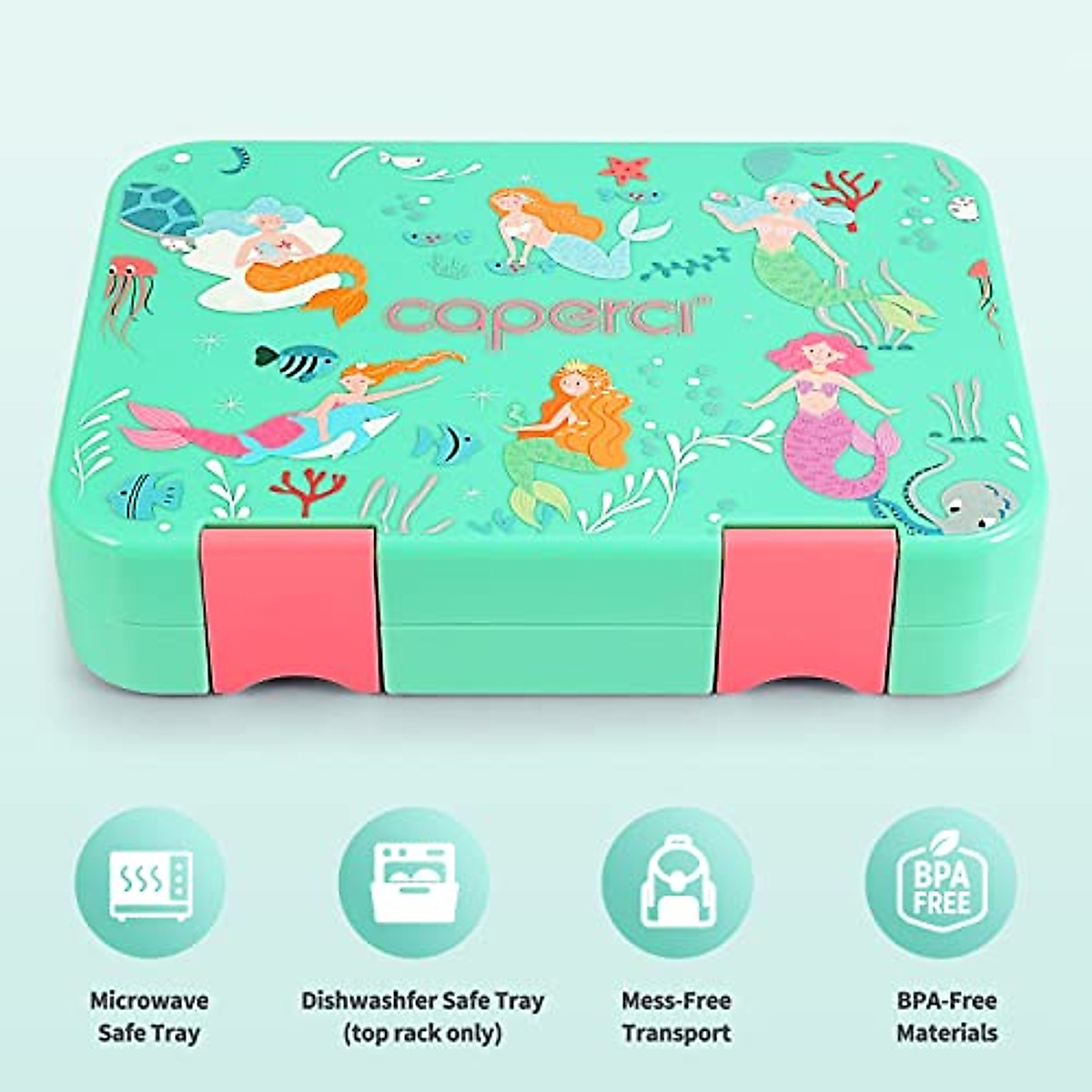 Caperci Mermaid Kids Bento Lunch Box - Leakproof 6-Compartment Children's Lunch Container with Removable Compartment - Ideal Portions for Ages 3 to 7, BPA-Free Materials