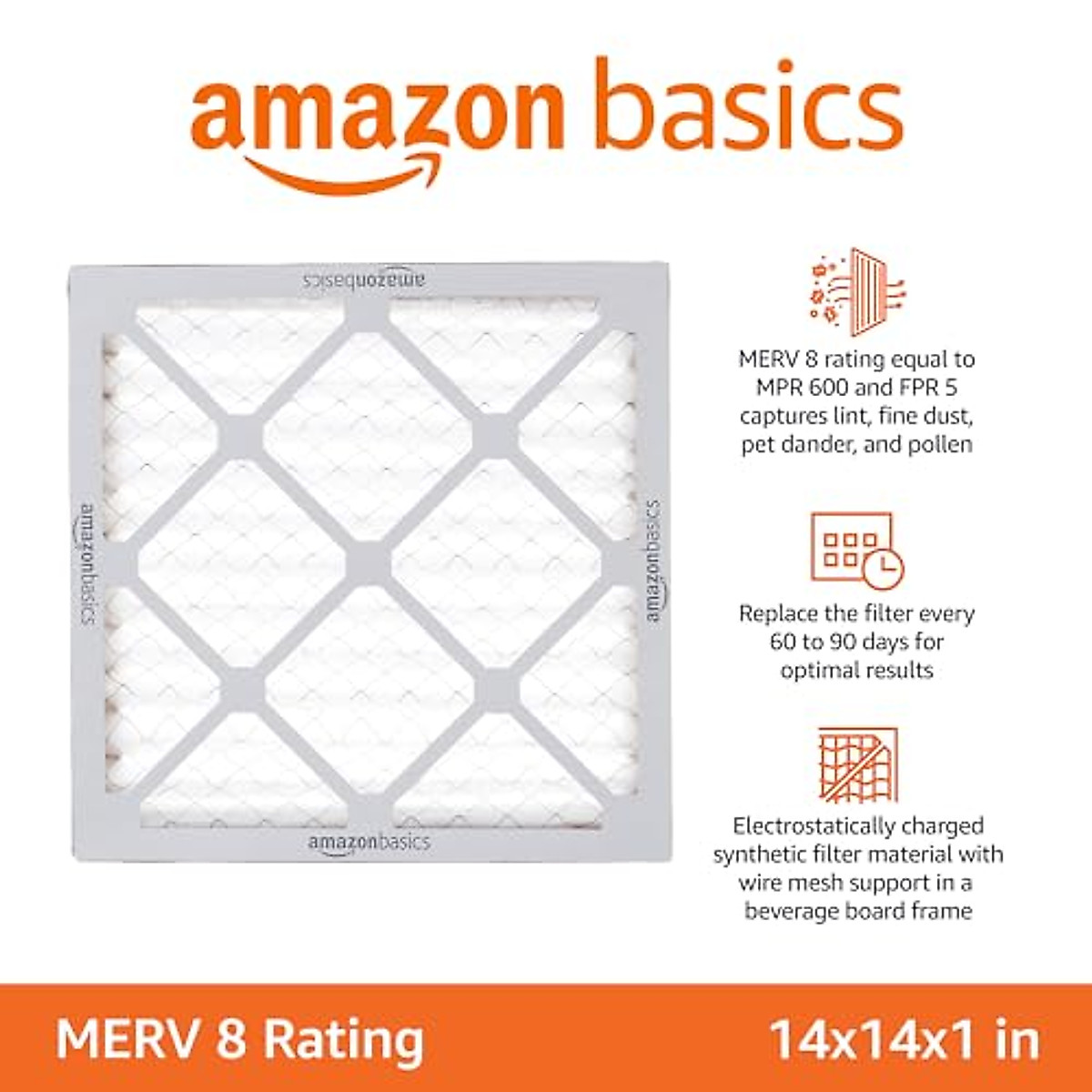 Amazon Basics Merv 8 AC Furnace Air Filter - 14'' x 14'' x 1'', (Pack of 6)