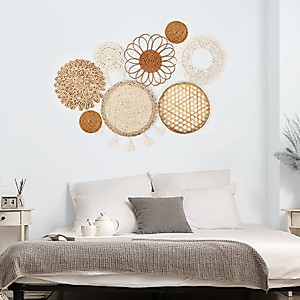 Set of 8 Boho Wall Basket Decor Flat Woven Basket Wall Decor Set Rattan Wall Decor Round Bamboo Hanging Wall Basket Macrame Tassels Wall Tapestry Boho Basket Wall Art for Bedroom Living Room Nursery