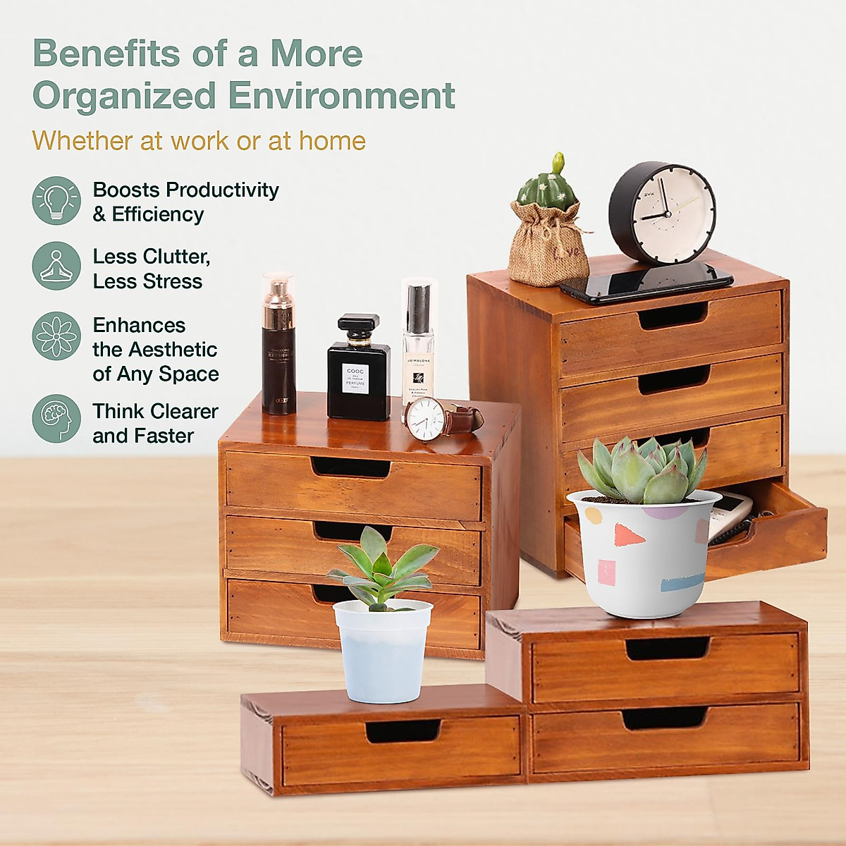 4-piece Drawer Cabinet Bundle Set - Modern Mahogany Wood Stackable Drawer Units - Multi-level Drawer Desktop Storage Organizers - Countertop Drawer Cabinets for Mix and Match (4-Pack)